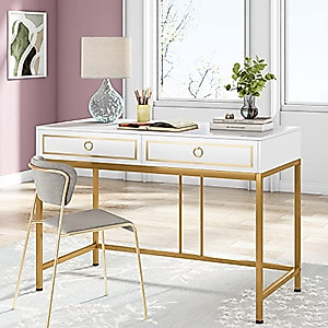 Tribesigns Computer Desk with 2 Drawers, 41.34” Modern Simple White and Gold Writing Desk with Storage Drawers, Makeup Vanity Console Table Study Desk for Home Office
