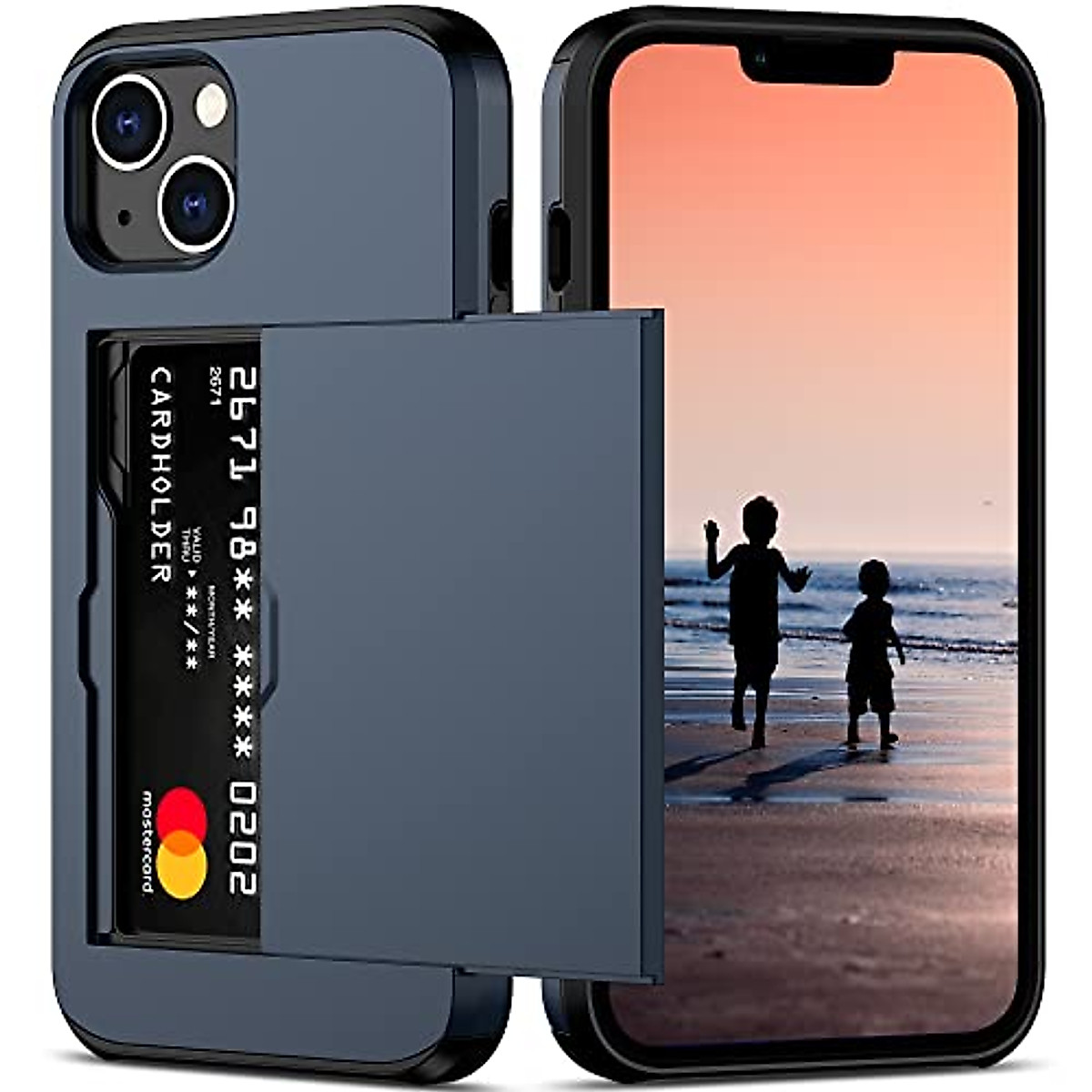 Nvollnoe for iPhone 14 Case with Card Holder Heavy Duty Protective Dual Layer Shockproof Hidden Card Slot Slim Wallet Case for iPhone 14 for Women&Men(Blue)