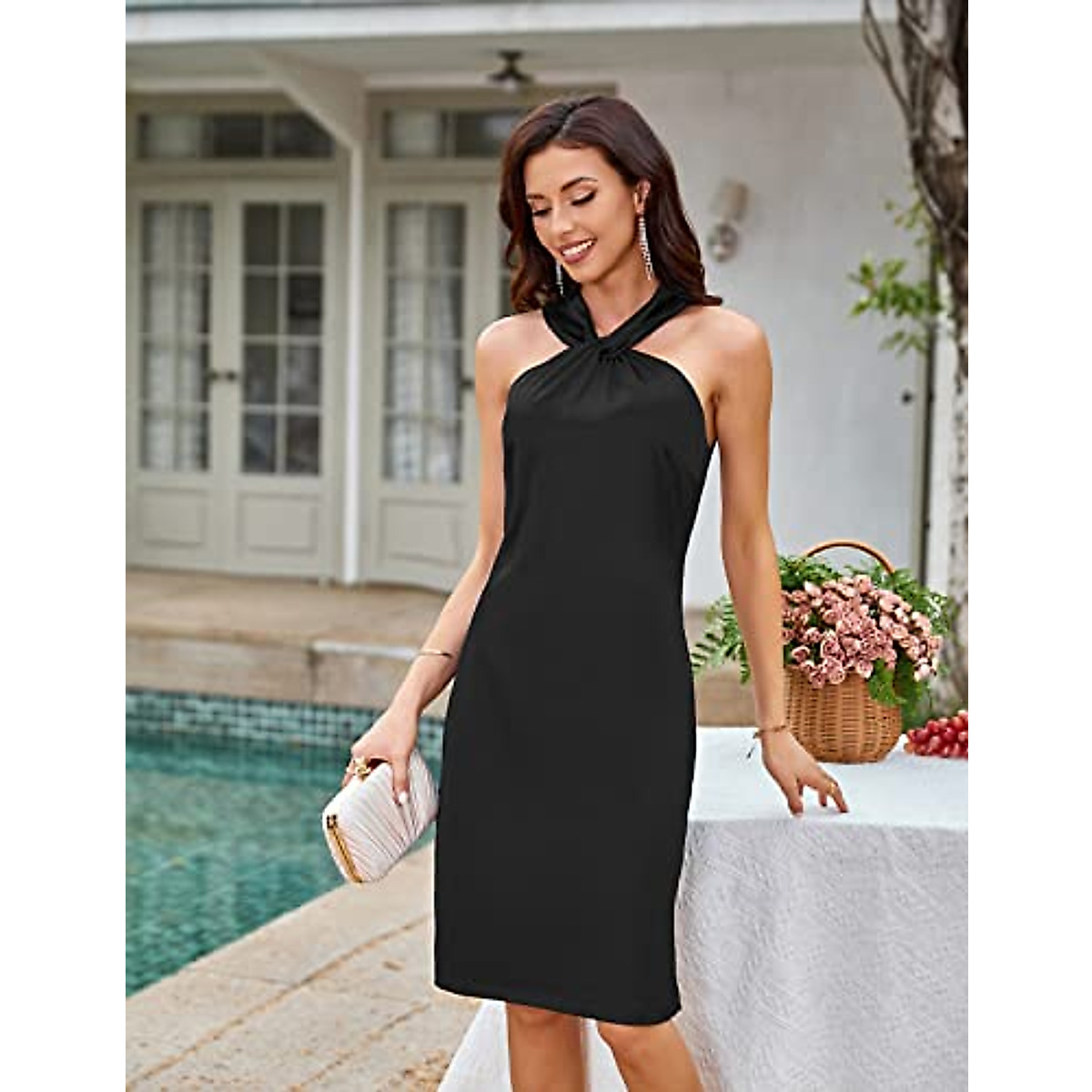 Satin Dress for Women Wedding Guest Halter Party Cocktail Dress Black L