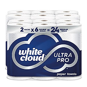 White Cloud Ultra PRO Ultra Absorbent Paper Towel, Choose-a-Size Sheets, 2 Packs of 6 DOUBLE Rolls = 24 Regular Rolls