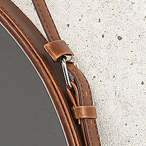 HofferRuffer Round Wall Mirror Decorative Mirror, Hanging Mirror with Hanging Strap Silver Hardware Hooker/Hanger, Diameter 23.6 inch, Brown-L