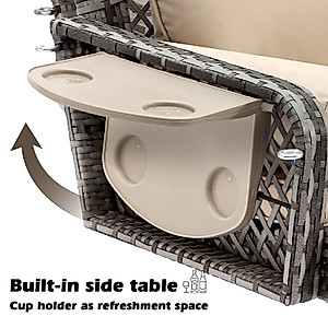 Decomax Wicker Hanging Porch Swing Chair 3-Seats Outdoor Gray Rattan Patio Swing Lounge with Cushions Cupholders Capacity 660lbs for Garden, Balcony, Living Room (Porch Swing with Armrest Pillows)