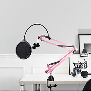 Microphone Stand, Cicano Mic Boom Arm Suspension Scissor with Shock Mount, Mic Clip Holder Upgraded Desk Clamp for Blue Yeti Snowball Ice and Other Mics Pink