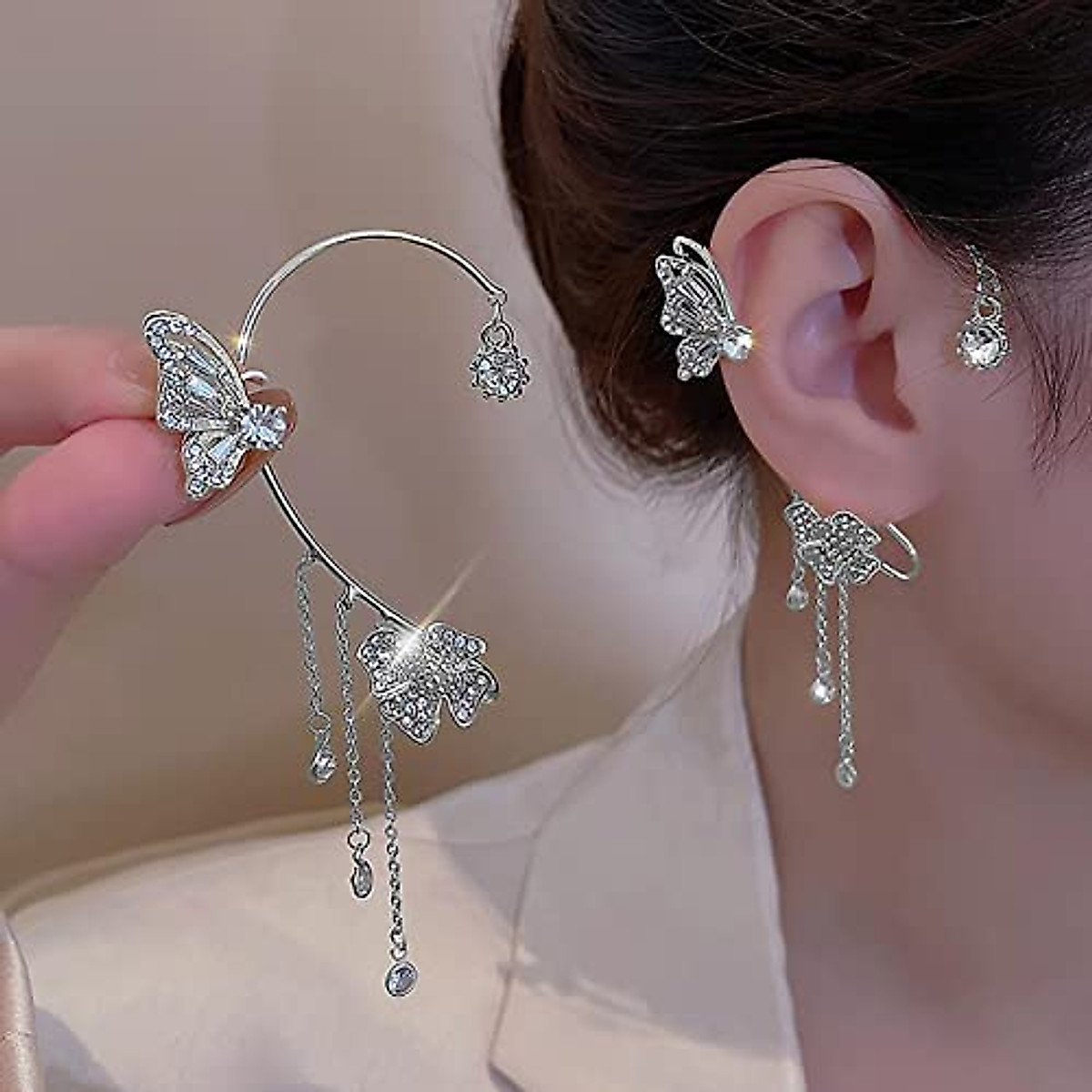 Butterfly Tassel Zircon Ear Clips for Womens Teen Girls Earrings Exquisite Shiny Butterfly No Piercing Studs Earrings