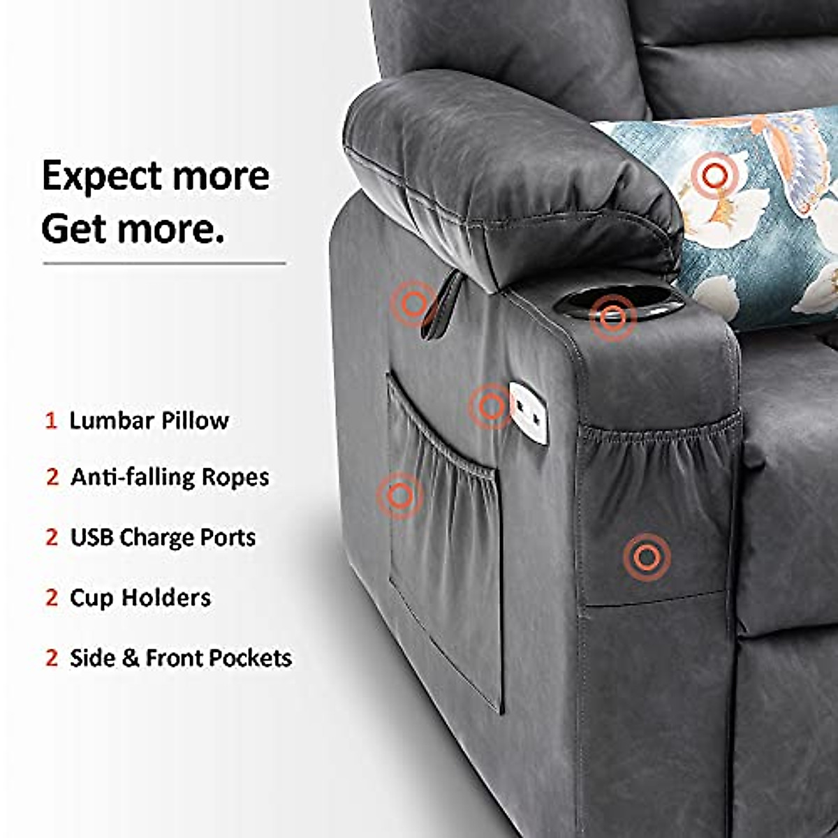 MCombo Power Lift Recliner Chair with Massage and Heat for Elderly, Extended Footrest, 3 Positions, Lumbar Pillow, Cup Holders, USB Ports, Faux Leather 7519 (Medium, Dark Grey)