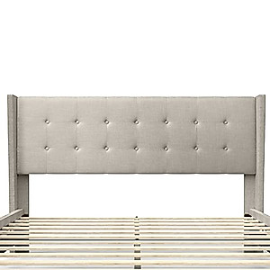BONSOIR Bed Frame Upholstered Traditional Low Profile Platform with Wing Back Headboard/No Box Spring Needed/No Bed Skirt Needed/Linen Fabric Upholstery/Sand (Sand, King Size)