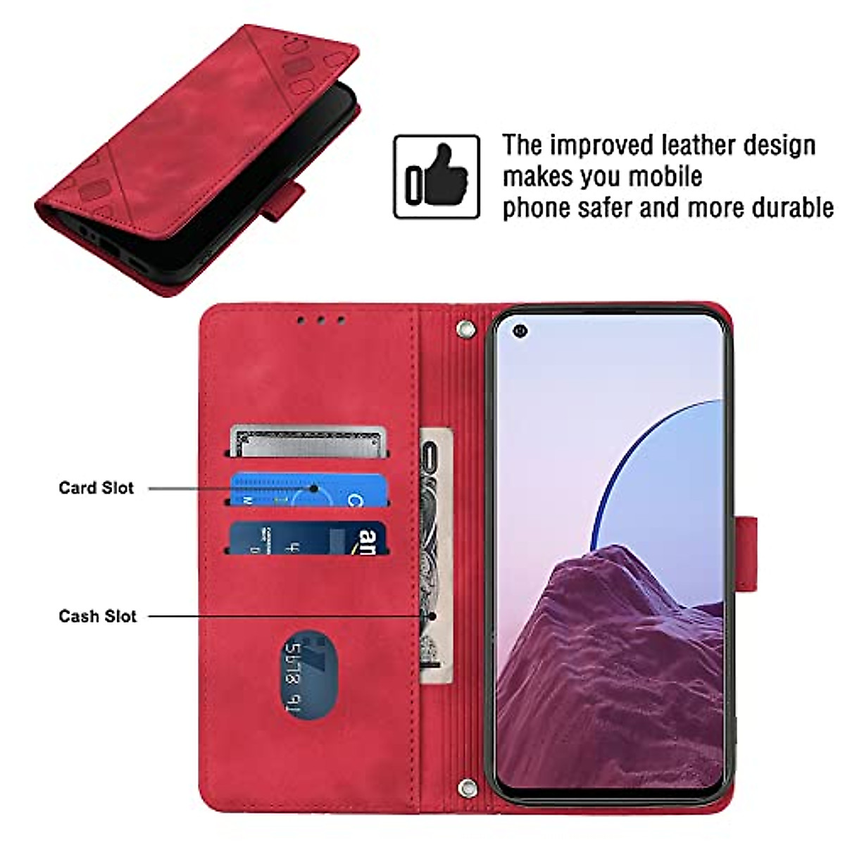 ONV Wallet Case for OnePlus Nord N20 5G - Solid Color Skin Flip Phone Case with Wrist Strap Card Holder Magnet Leather Shell Flip Stand Cover for Oppo Reno 7Z 5G / A96 5G / Reno 8 Lite 5G [005] -Red