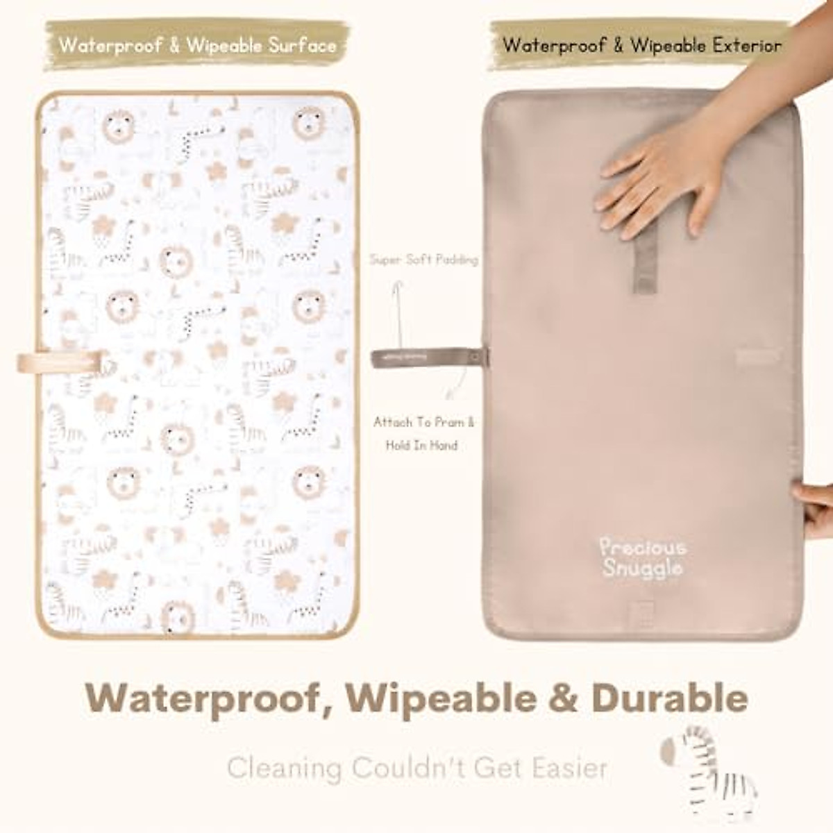 Precious Snuggle Portable Diaper Changing Pad | Waterproof Foldable Baby Changing Mat - Unisex Lightweight Changing Pad - Large Surface - Small & Compact | Double Wipeable Sides (African Safari)