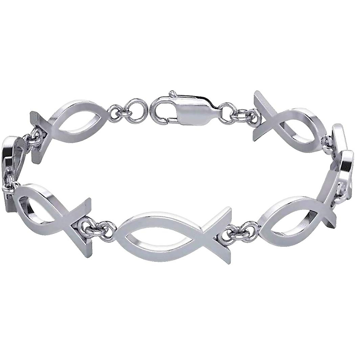 US Jewels 925 Sterling Silver Ichthys Religious Jesus Fish Link Bracelet, 9"