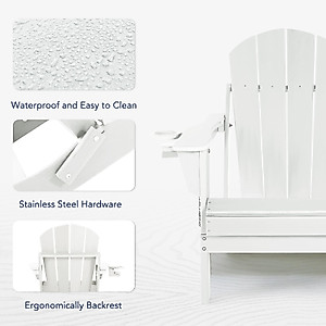ABCPATIO Folding Adirondack Chair with Footrest - Outdoor Weather Resistant Plastic Adirondack Chairs with Detachable Ottoman, Stackable Seating with Cup Holder for Patio (Seat Width 21.6",White)