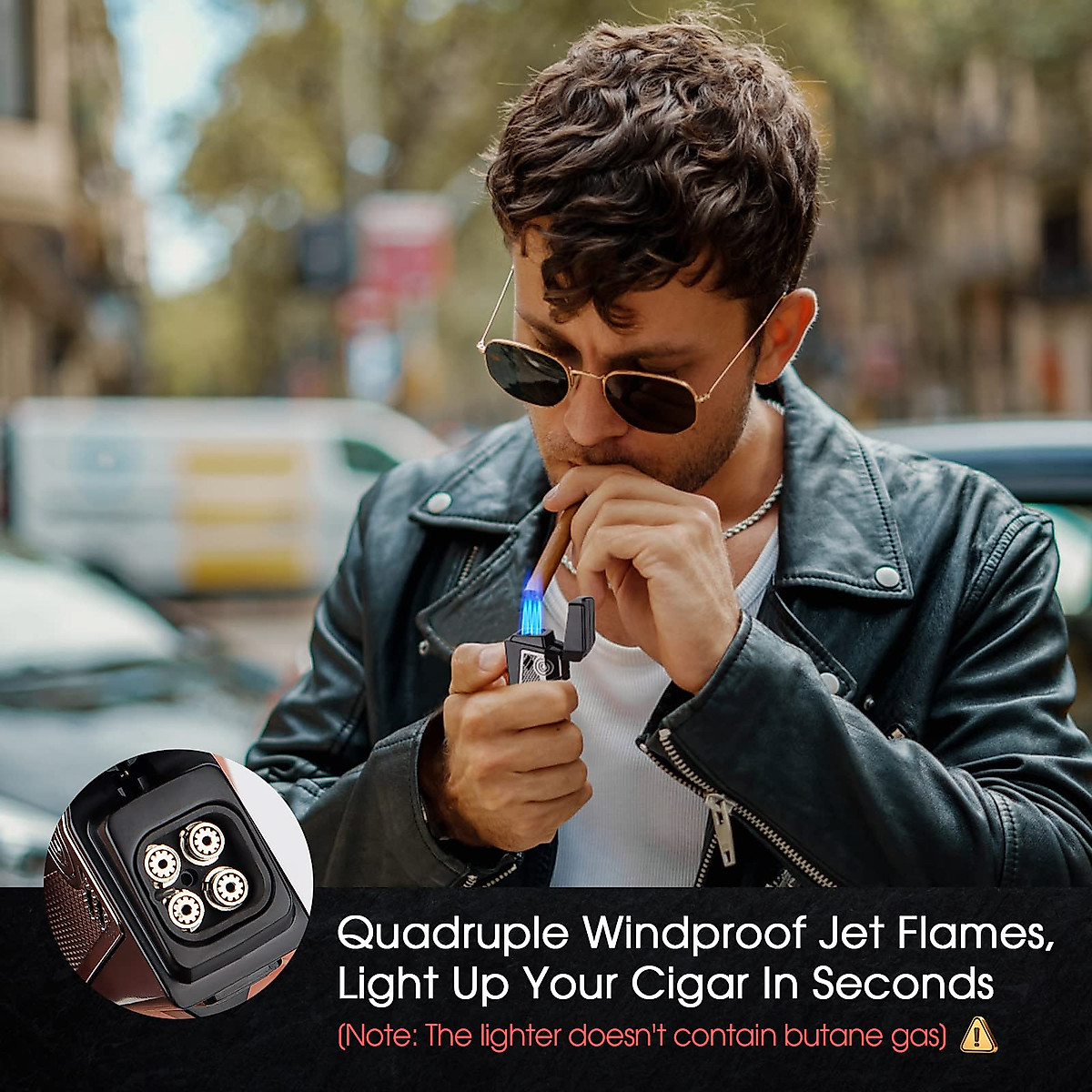 All-in-one Cigar Lighter with Quad Jet Torch Flames, Cigar Stand, Cigar Punch, Cigar Draw Enhancer, Cigar Accessories 4-in-1, Stylish Gifts for Men, Refillable Cool Butane Lighters for Smoking, Candle