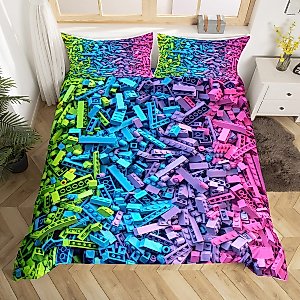 Erosebridal Colorful Toy Bedding Set Building Blocks Pattern Duvet Cover Kids Boys Toy Bricks Comforter Cover Set Twin Size Fun Brick Bedspread Cover Gradient Rainbow Bedroom Decor,Green Teal Purple