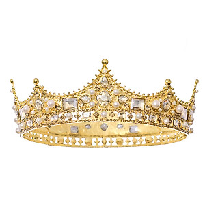 FORSEVEN King Crown for Men Crown Royal Costume Accessory Prom Tiara Baroque Vintage Crystal Pearl Bridal Wedding Tiaras Birthday Party Round Crowns (Gold)