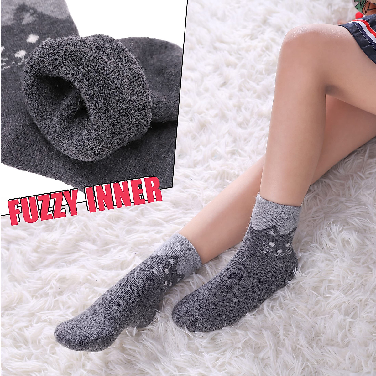 MQELONG Wool Socks for Kids Boys Girls Winter Warm Wool Hiking Thick Boot Cozy Crew Socks 6 Pairs (6 Pairs Cat, 4-7 Years)