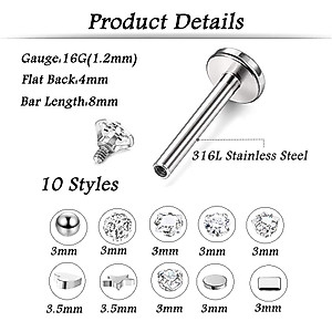 Udalyn 20 Pcs Stainless Steel Labret Studs Lip Rings for Men Women Nose Studs Cartilage Earrings Tragus Helix Piercing Jewelry 16G