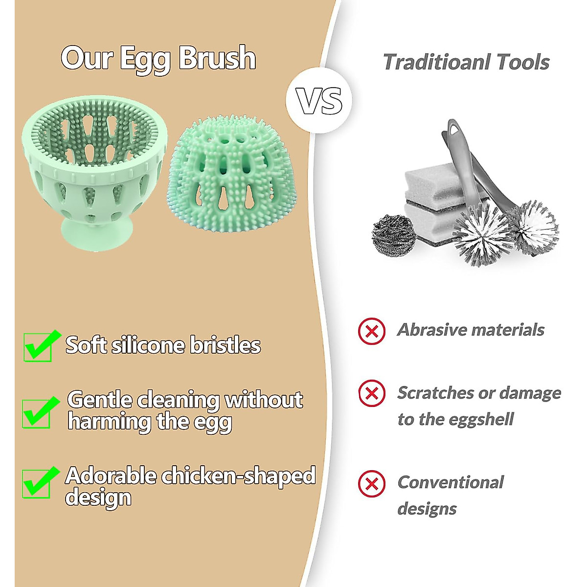 KITHELP Egg Brush Cleaner, Silicone Egg Cleaner for Fresh Eggs, Soft Egg Washer Rotary Egg Washer Reusable and Easy to Clean Egg Washing Brush for Egg Duck Egg Goose Egg (Green)