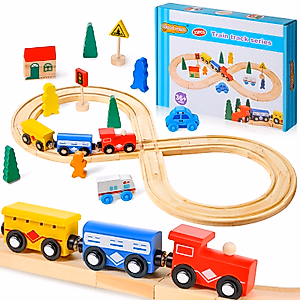 Civaner 33 Pcs Wooden Train Tracks and Magnetic Trains Christmas Packed Toy Railway Carriages Kits for Kids, Toddler, Boys and Girls Play Accessories