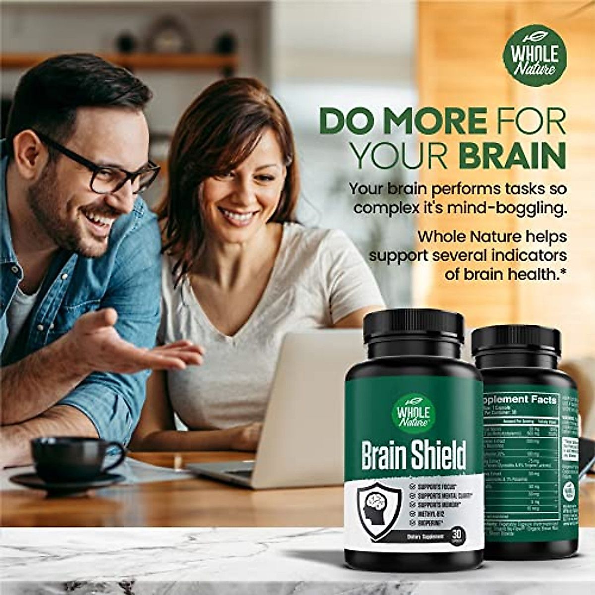 Whole Nature Brain Booster Nootropics - Brain Shield with Ginkgo Biloba, Alpha GPC and Bacopa Monnieri, Vitamin B12, B3 - Support Focus, Memory & Clarity, Energy & Stress Relief. (1)