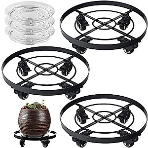 3 Packs Large Metal Plant Caddy 12.6” Plant Dolly with Wheels Heavy-Duty Wrought Iron Rolling Plant Stand with Casters for Indoor and Outdoor Plant Pot Rollers Black, 12" Clear Plant Saucers Included