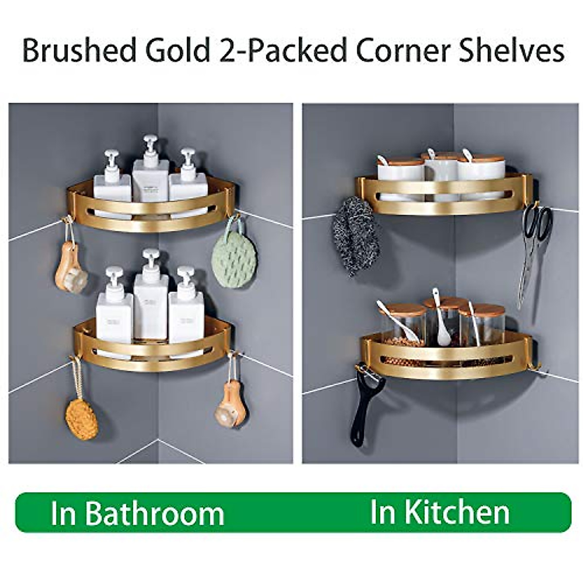 Brushed Gold Color 2 Packed Bathroom Shelves Shower Corner Caddy Organizer Shampoo Holder,Adhesive or Drilling