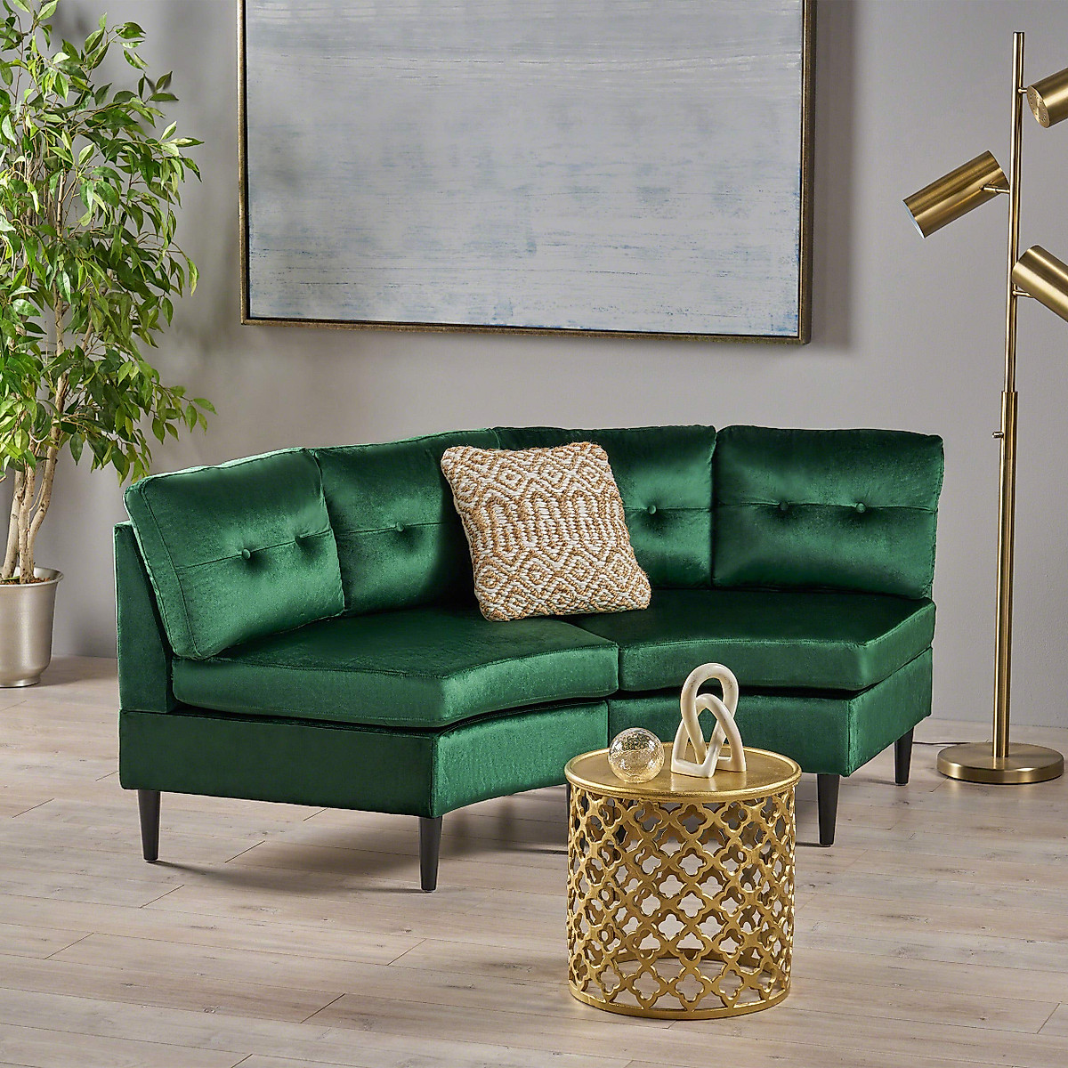 Christopher Knight Home Julian Nora Glam Velvet Modular 2 Seater Sectional, Emerald, Matte Black