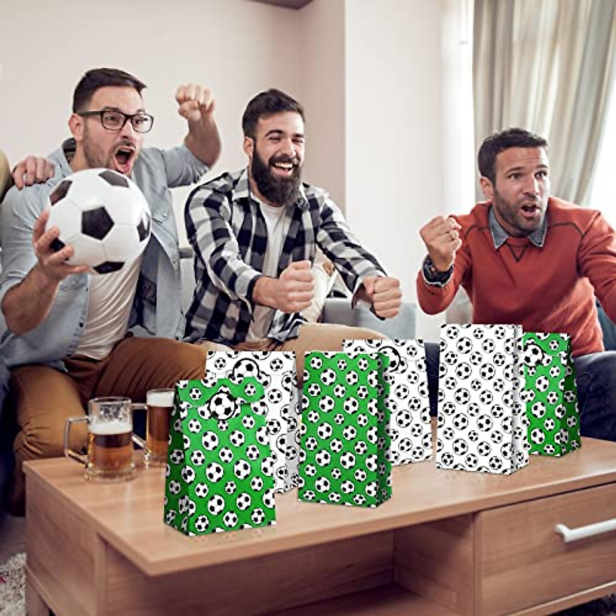 durony 24 Pack Soccer Gift Bags Paper Treat Bags Soccer Print Goodie Bags with Stickers for Sports Theme Party Decorations, Game Celebration Supplies