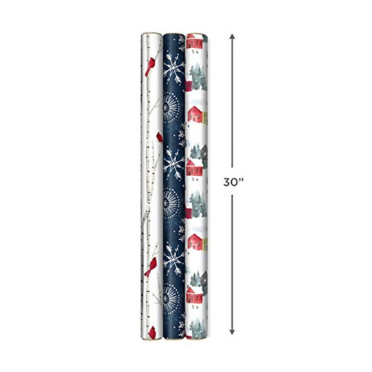 Hallmark Christmas Wrapping Paper with Cut Lines on Reverse (3 Rolls: 120 sq. ft. ttl) Snowy Village, Starry Snowflakes, Birch Trees & Cardinals