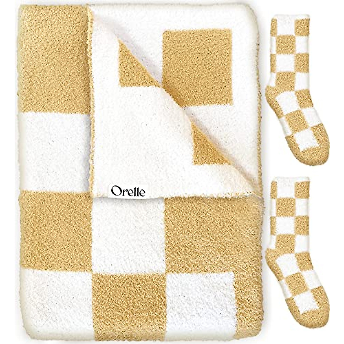 Orelle “Cream Puff” - Soft Knit Checkered Throw Blanket & Socks - Cozy Checkered Blanket Throw - Fluffy Checkerboard Blanket - Aesthetic Tan Checker Blanket Checkered Decor - Buttercream Beige. 55x67