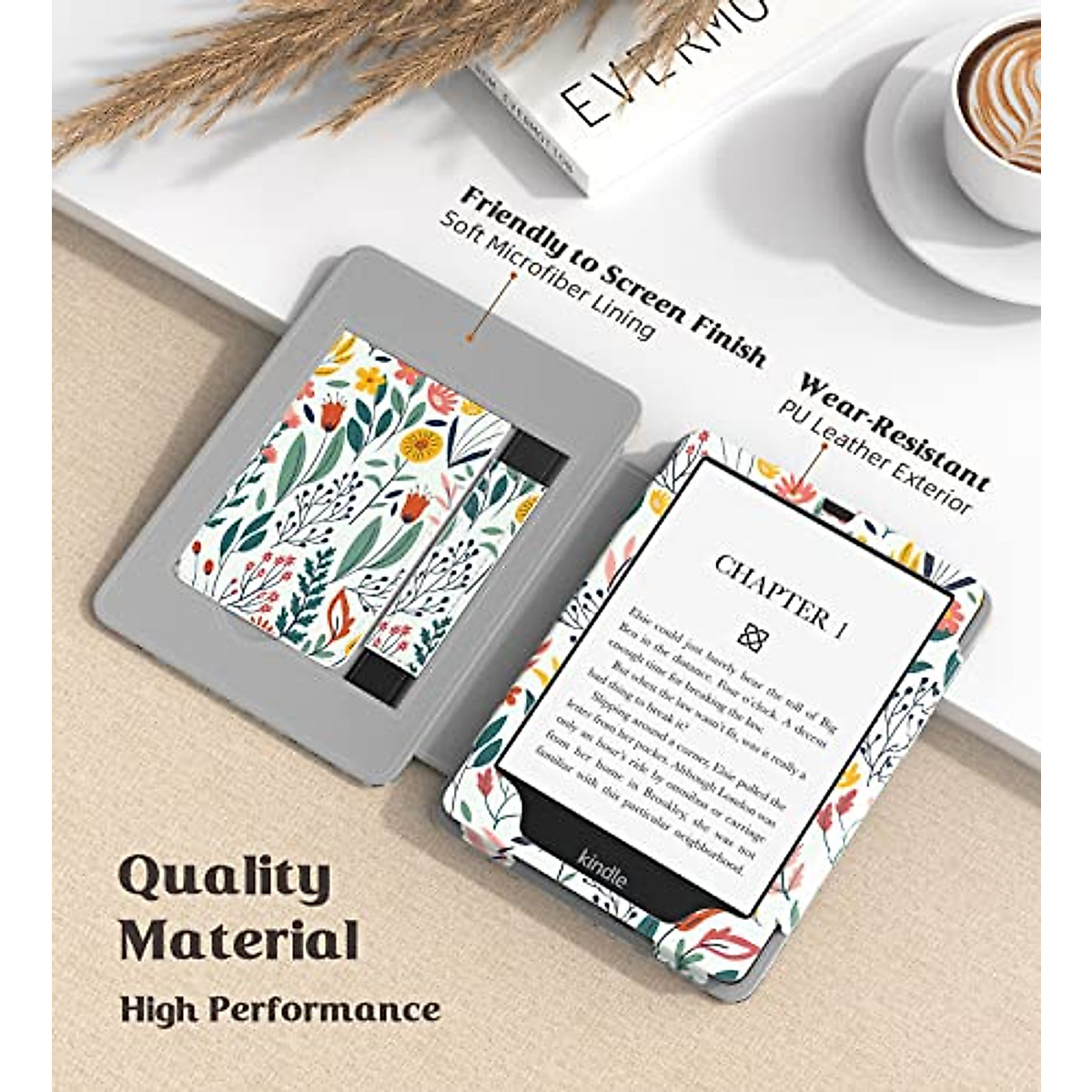 MoKo Case for 6.8" Kindle Paperwhite (11th Generation-2021) and Kindle Paperwhite Signature Edition, Slim PU Shell Cover Case with Auto-Wake/Sleep for Kindle Paperwhite 2021, Flowers
