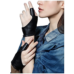 FIORETTO Womens Fingerless Leather Gloves Unlined Leather Driving Gloves Dancing Performance Punk Half Finger Gloves Black Medium