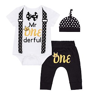 Baby First Birthday Outfit Boy Gifts Funny Bowtie One Year Old Boys Romper Bodysuit Set (12-18 Months) Black