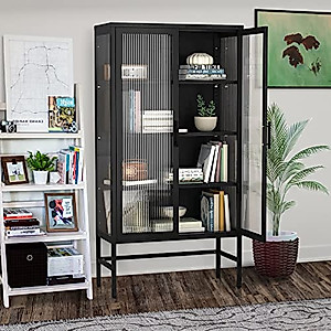 Prohonbec Double Fluted Glass Door Storage Cabinet with Adjustable Shelves, Tall Freestanding Display Sideboard Bookshelf Cupboard for Living Room, Kitchen, Office