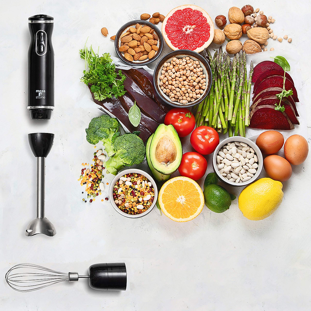 Moss & Stone Hand Blender With Egg Whisk, Powerful 300-Watt Stick Blender, Hand Mixer Set Stainless Steel Shaft & Blades, Black Handheld Blender With Ergonomic Handle (Without Chopper)