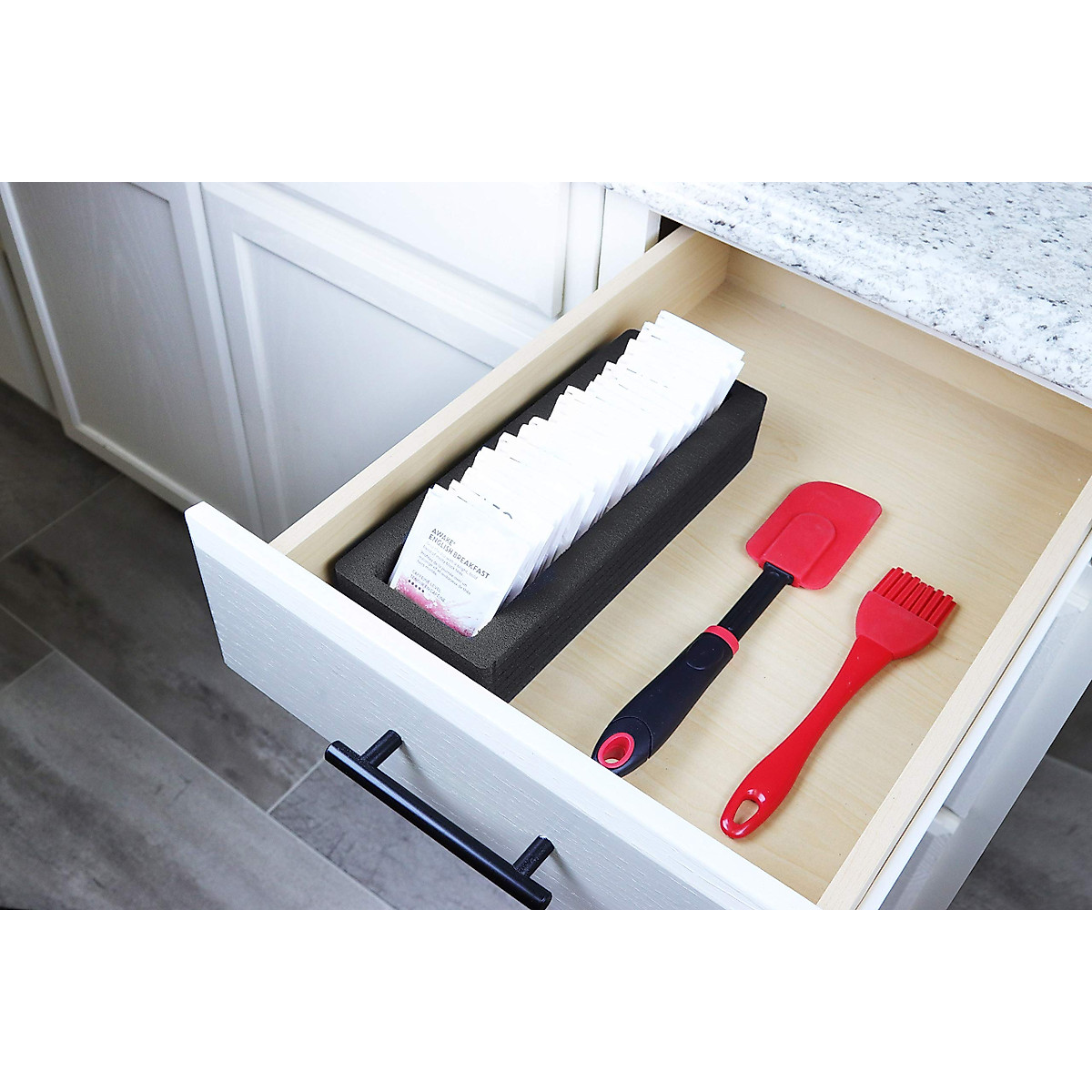 Polar Whale 2 Tea Bag Storage Deluxe Organizers Tray Drawer Bin Insert for Kitchen Home Office Condiments Packets Waterproof Washable Black Foam 4.5 X 11.75 Inches