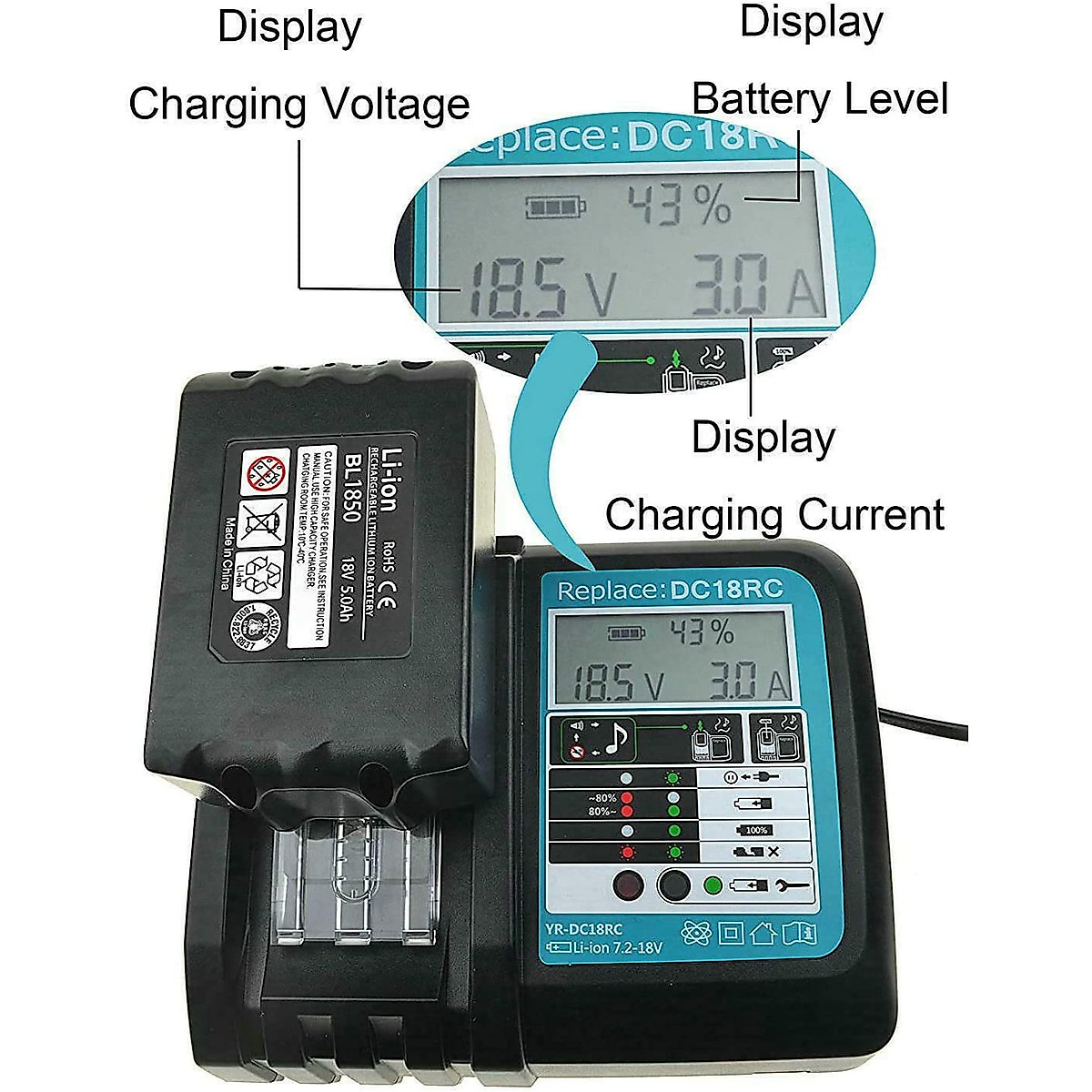 QCZRED 18 Volt 5000mAh BL1850B Battery and DC18RC Charger Replacement for Makita 18V LXT Battery Lithium ion BL1815 BL1830 BL1850 BL1840 BL1850B BL1845 BL1820 BL1860B