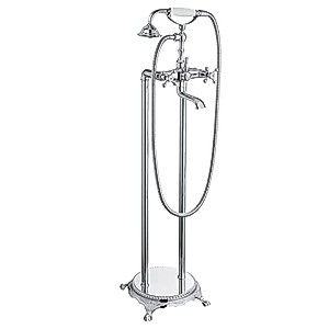 gotonovo Freestanding Bathtub Faucet Polished Chrome Floor Mount Tub Filler Double Cross Knobs Bathroom Mixing Tap with Handheld Shower Telephone Shape