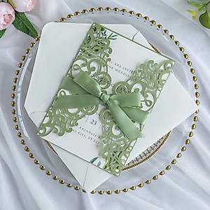 ponatia 25PCS 5.12 x 7.1 '' Sage Green Laser Cut Wedding Invitations Cards with Envelopes for 5x7 Invitation Cards Wedding Baby Bridal Shower Engagement Sweet 16 Birthday Invite