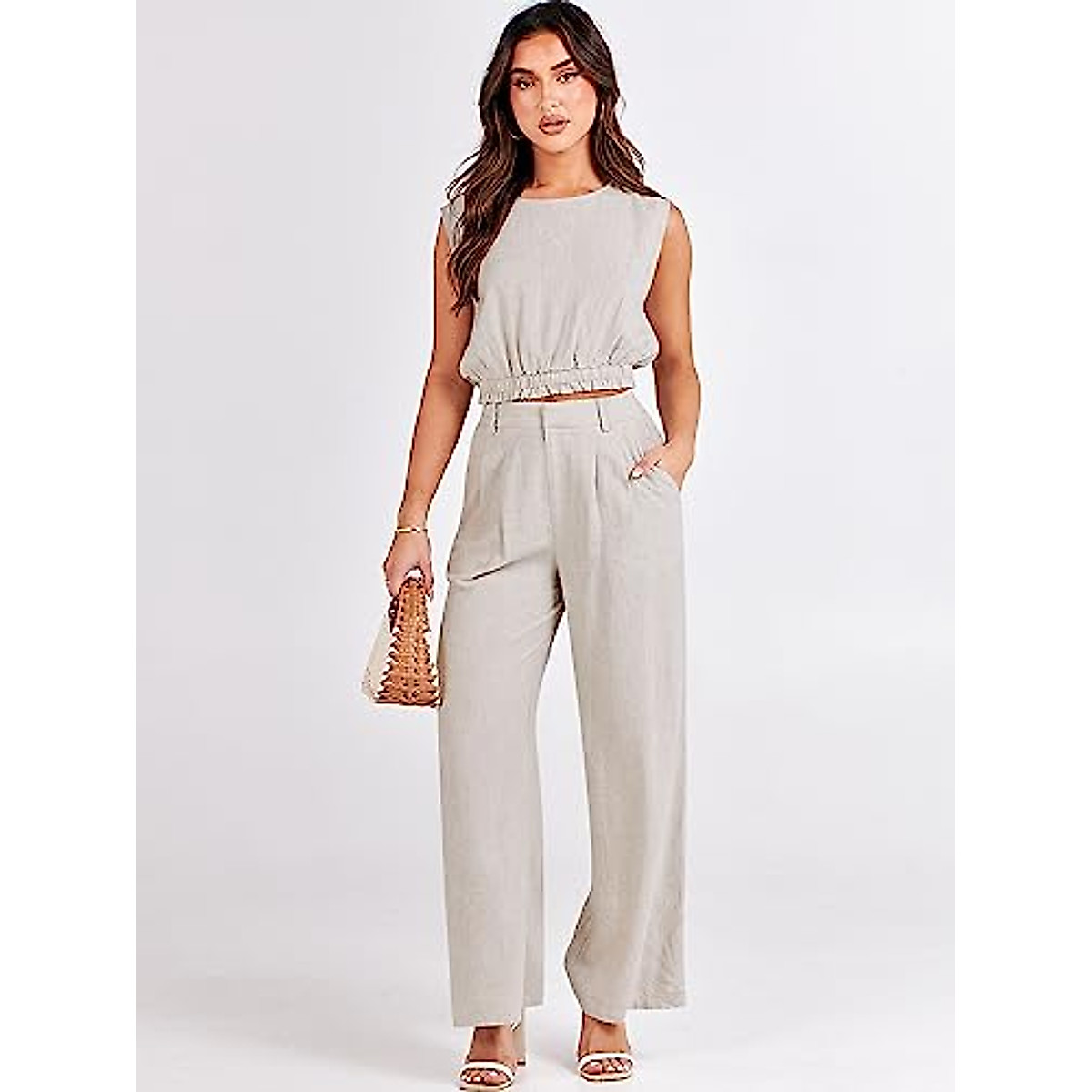 ANRABESS 2 Piece Outfits for Women Summer Vacation Beach Sleeveless Linen Crop Tank Top Casual Matching Lounge Sets Comfy Tracksuits Long Pants Jumpsuits 2023 Fashion Clothes A1102maxing-L