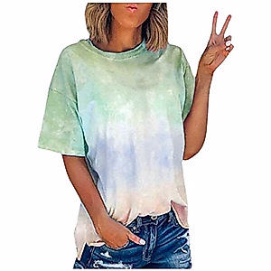Womens Tie Dye Shirts Summer Short Sleeve Graphic Tee Casual Loose Summer Tops Crewneck Gradient Shirt Plus Size.S-5XL Green