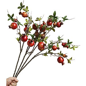 Forlaoers 4pcs 31" Tall Red Berries Pomegranate Faux Plants Stem Fake Tree Branches with Fruits Leaves Artificial Flowers for Outdoors Home Decor Office Fall Wedding Engagement Party Decorations