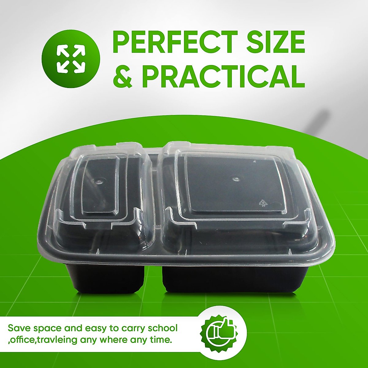 Fonteme 2 Compartment Meal Prep (50 Pack) Food Container with Airtight Lids | Easy Portion Control | Freezer & Microwave Safe Stackable BPA Free Plastic Rectangular Disposable Storage Container