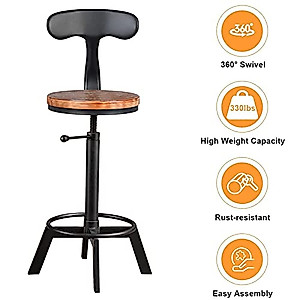 BOKKOLIK Industrial Bar Set Vintage Bar Table(33-39inch) and Set of 2 Rustic Bar Stools with Backrest(24-27inch) for Kitchen Dinning Room Coffee House