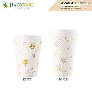 [100 SET]Harvest Pack 12 oz Christmas Coffee Cups, White Snowflake Winter Disposable Paper Cups, Insulated Ripple Wall Paper Cups with Lids, XMAS Gold and Silver Foil, Hot Chocolate To go