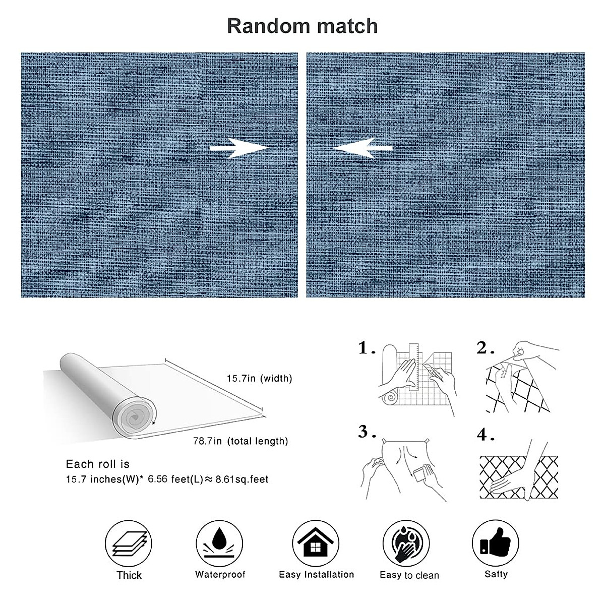 Akywall Blue Peel and Stick Wallpaper Linen Contact Paper for Cabinets Countertops Waterproof Grasscloth Wall Paper for Bedroom Stick on Wallpaper Textured Self Adhesive 78.7in