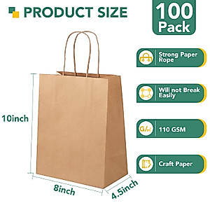 XPCARE 100Pack Brown Paper Bags 8x4.5x10 Inch, Plain Medium Paper Bags with Handles Bulk, Kraft Paper Gift Bags, Retail Bags, Party Bags, Shopping Bags, Favor Bags