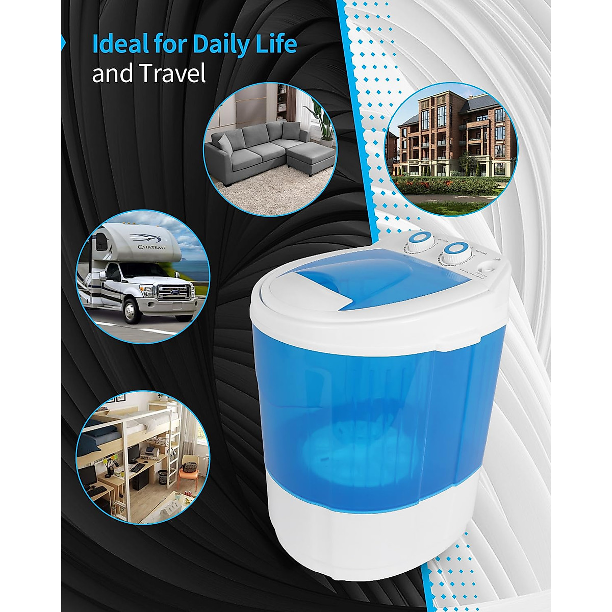 Muhub Portable Twin Tub 16.5lbs Mini Washing Machine,Compact Semi-automatic Washer and Spin Combo,Top Load,Portable Washer for Dorms,Apartments,RVs(White & Gray)