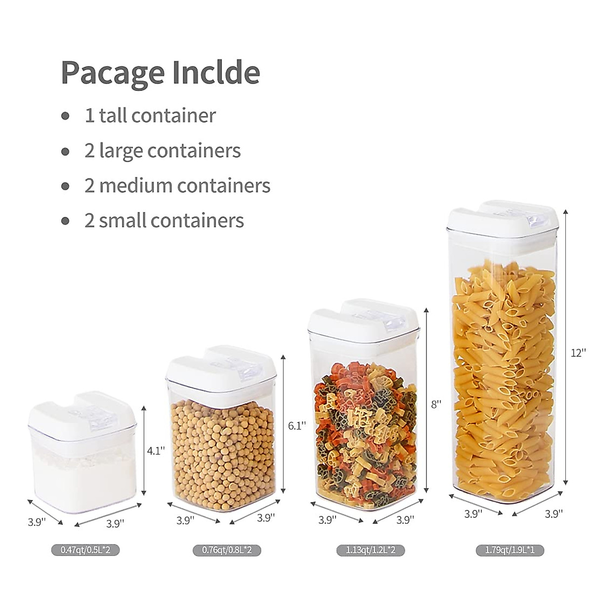 CQT Airtight Food Storage Container 7 Pieces BPA Free Plastic Cereal Containers with Easy Lock Lids, for Kitchen Pantry Organization and Storage, (WHITE)