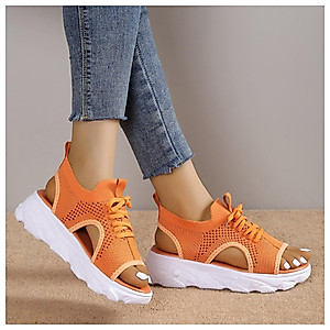 YChao Women's Lace Up Muffin Sandals, Orthopedic Sandals for Women, 2024 Summer Mesh Open Toe Platform Wedge Sandals Causal Walking Sandals,Orange,US10/EU42
