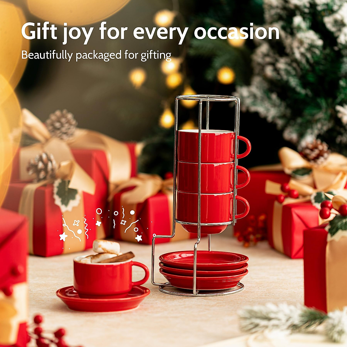 Sweese 8 Ounce Porcelain Stackable Cappuccino Cups with Saucers and Metal Stand - for Specialty Coffee Drinks, Cappuccino, Latte, Americano and Tea - Set of 4, Red