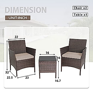 PayLessHere 3-Piece Outdoor Wicker Conversation Bistro Set Outdoor Patio Porch Furniture Sets for Yard, Garden with 2 PE Rattan Wicker Chairs, 2 Cushions,1 Coffee Table (Khaki)